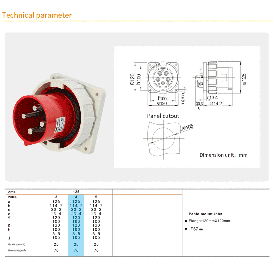 125A-IP67 | CEE Inlet (with CEE/IEC 60309-1, 60309-2)